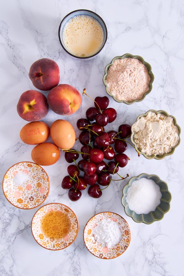 Cherry Peach Clafoutis with Protein - For The Pleasure Of Eating